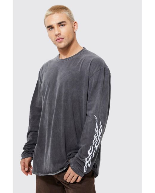 Boohooman Oversized Washed Flame Long Sleeve T Shirt In Blue For Men Lyst