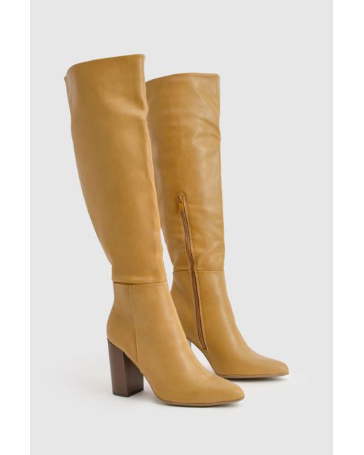 Boohoo Knee High Pointed Toe Stacked Heeled Boot in Natural | Lyst