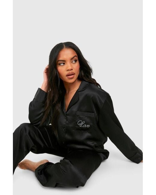 Boohoo Diamante 'Love' Pocket Detail Satin Long Sleeve Shirt & Pants ...