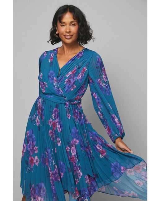 Wallis Floral Pleated Asymmetric Wrap Dress in Blue | Lyst