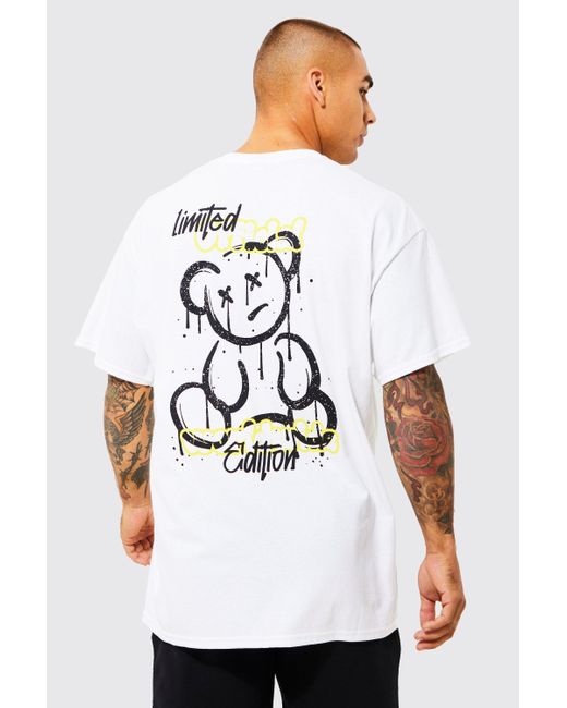 Boohooman Denim Oversized Graffiti Teddy T Shirt In White For Men Lyst
