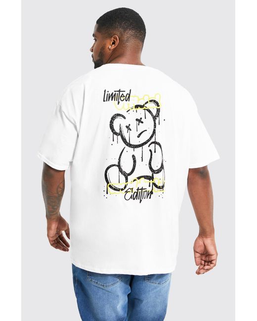 Boohooman Denim Plus Graffiti Teddy Back Print T Shirt In White For Men
