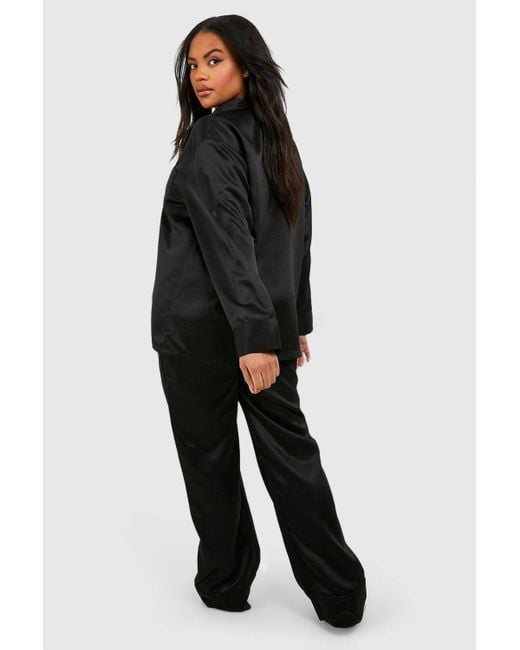 Boohoo Diamante 'Love' Pocket Detail Satin Long Sleeve Shirt & Pants ...