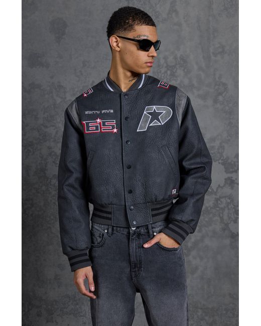 BoohooMAN P-star Boxy Faux Leather Applique Bomber Jacket in Gray for ...