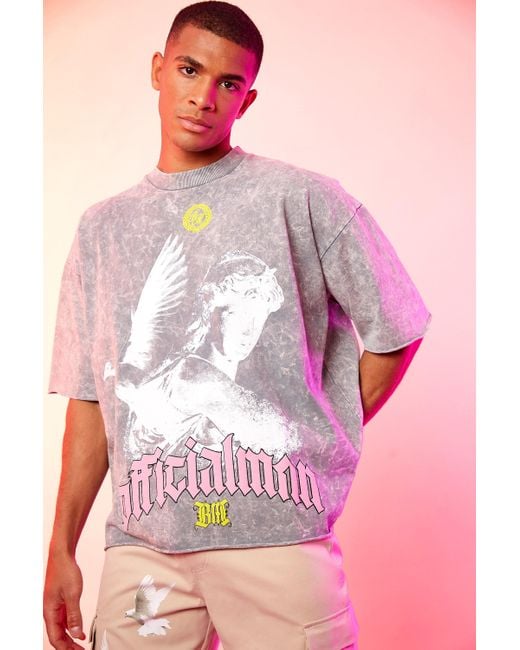 Boohoo Denim Boxy Graphic Raw Edge Acid Wash T Shirt In Grey Gray Lyst