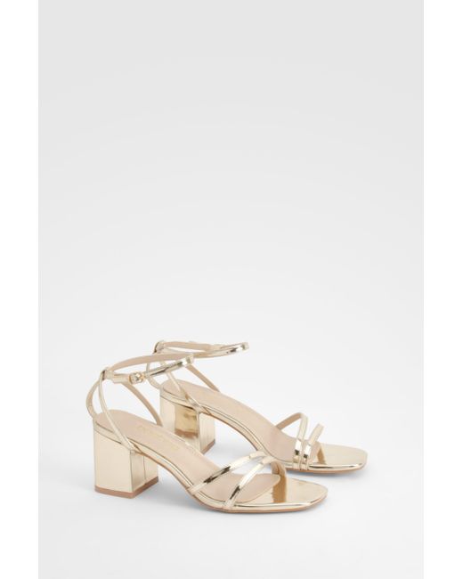 Boohoo Metallic Low Block Asymmetric Barely There Heels in Natural | Lyst