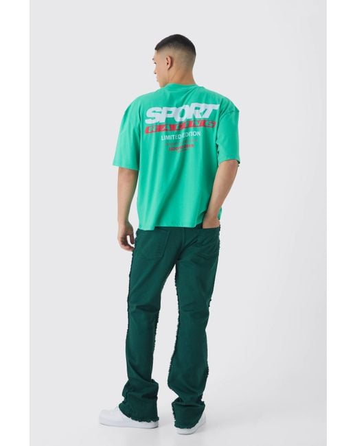 BoohooMAN Slim Rigid Flare Stacked Frayed Edge Denim Jeans in Green for ...