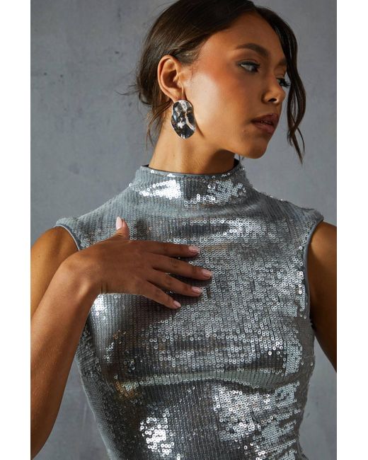 MissPap Sequin High Neck Top in Gray | Lyst
