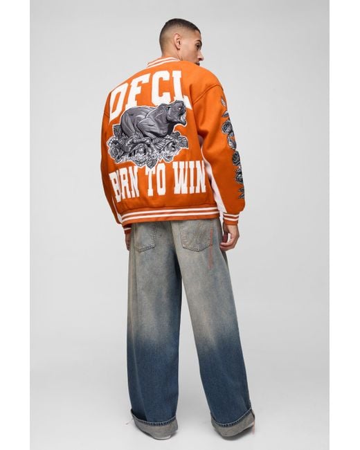 BoohooMAN Oversized Ofcl Rose Varsity Jacket In Orange for Men | Lyst