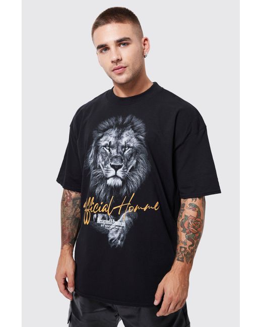 Boohooman Oversized Official Homme Lion Graphic T Shirt In Black For