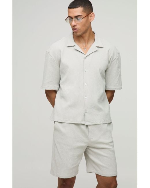 BoohooMAN Oversized Boxy Seersucker Crinkle Shirt & Short Set in Gray ...