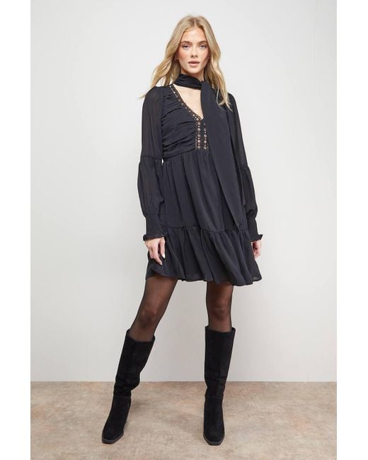 Oasis Ruched Bow Tie Mini Dress With Stud Trim in Blue | Lyst
