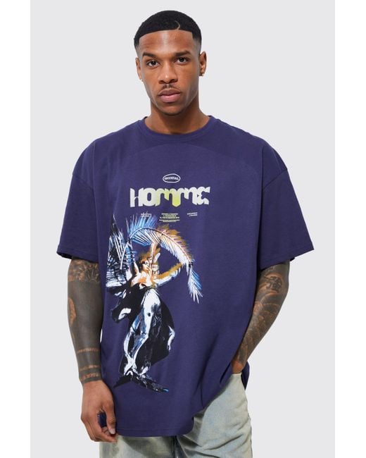 Boohooman Oversized Homme Renaissance Graphic T Shirt In Blue For Men
