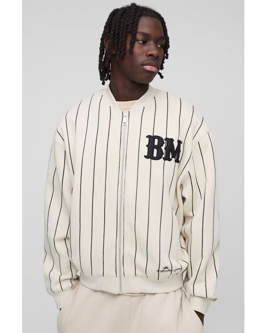BoohooMAN Oversized Bm Pinstripe Jersey Bomber Jacket in Natural for ...