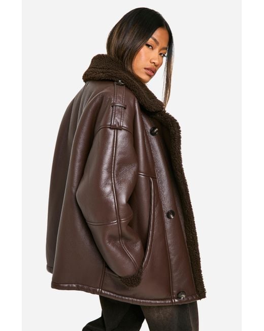Boohoo Faux Fur Trim Bonded Aviator Jacket in Brown | Lyst