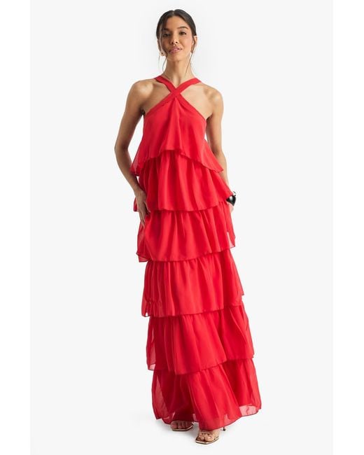 Boohoo Chiffon Tiered Halterneck Maxi Dress | Lyst
