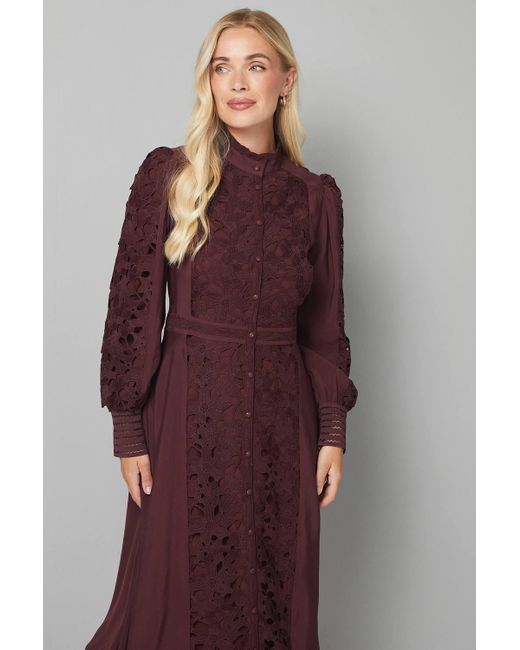 Wallis Petite Premium Lace Collarless Shirt Dress in Red | Lyst