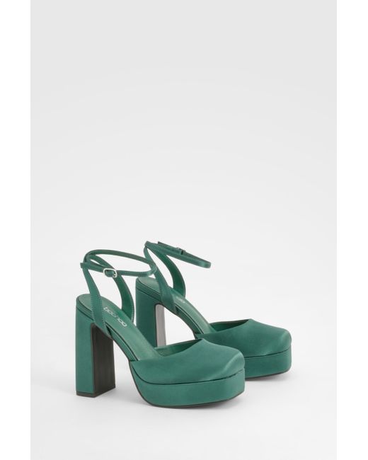 Boohoo Satin Round Toe Platform Heels in Blue | Lyst