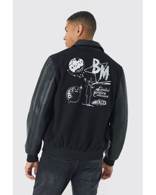BoohooMAN Astro Badge Collared Varsity Jacket In Black for Men | Lyst