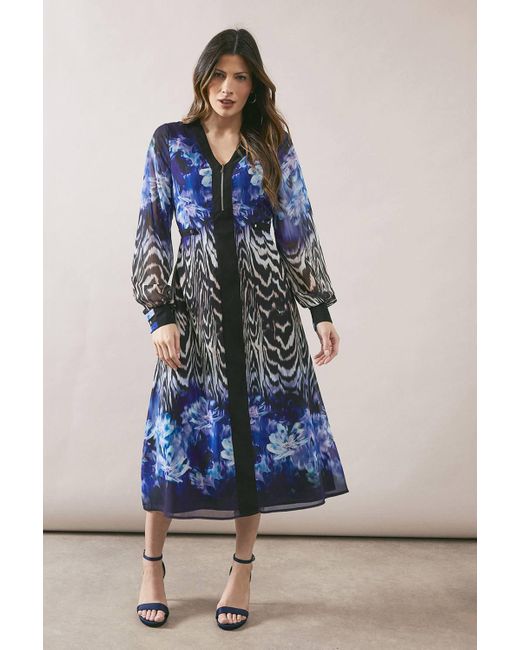 Wallis Zip Front Floral Border Chiffon Midi Dress in Blue | Lyst