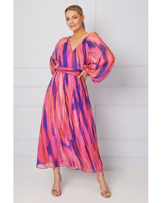 Wallis Abstract Balloon Sleeve Midaxi Dress in Pink | Lyst