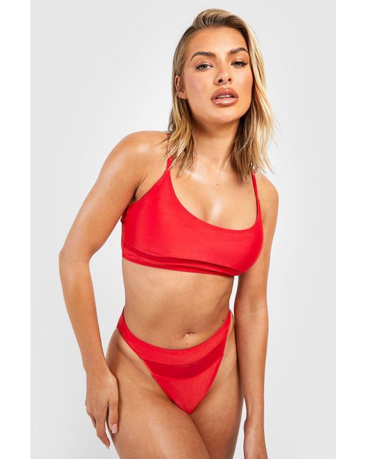 Boohoo Mesh Insert Scoop Tanga Bikini Set In Red Lyst