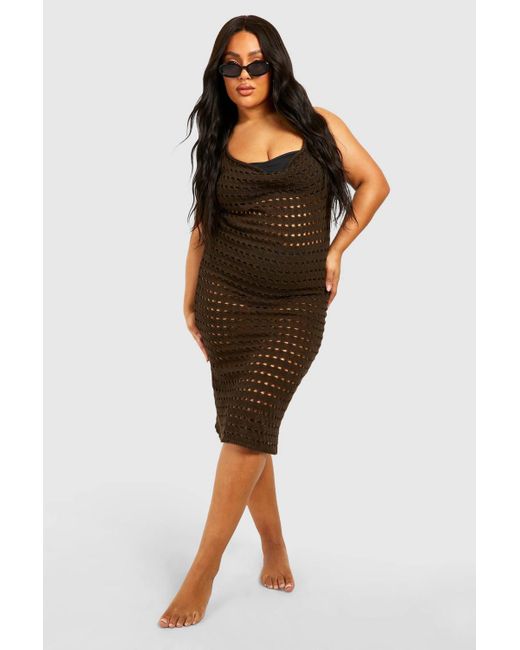 Boohoo Plus Cowl Neck Crochet Beach Dress in Black | Lyst