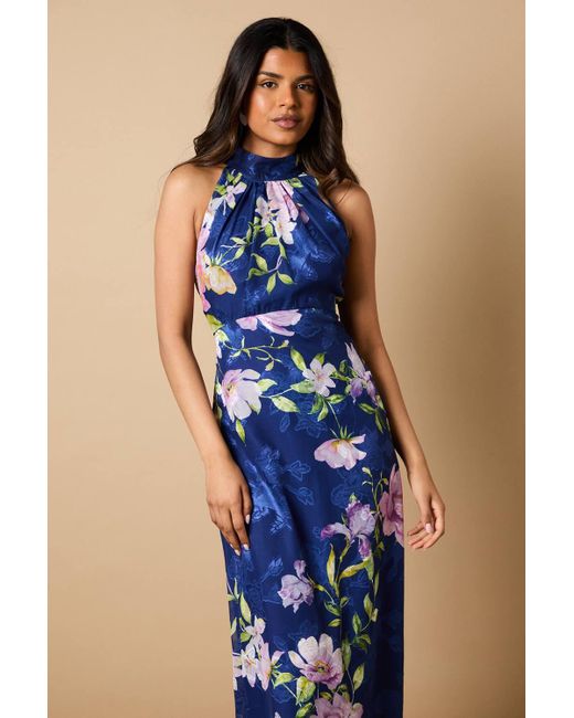 Oasis Petite Floral Satin Burnout Halterneck Midi Dress in Blue | Lyst