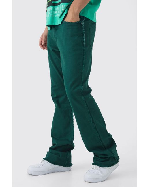 BoohooMAN Slim Rigid Flare Stacked Frayed Edge Denim Jeans in Green for ...