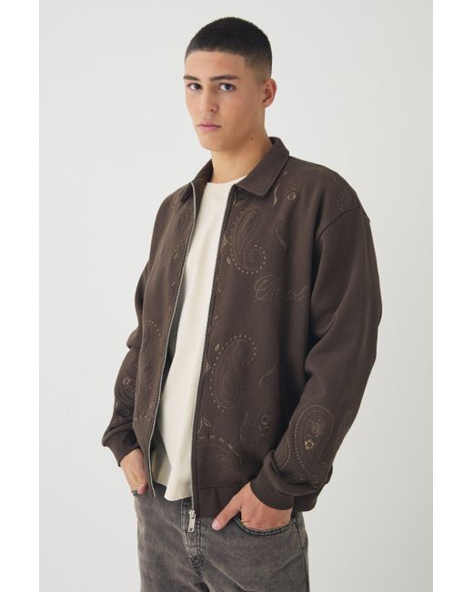 BoohooMAN Oversized Embroidered Paisley Harrington Jacket in Gray for ...