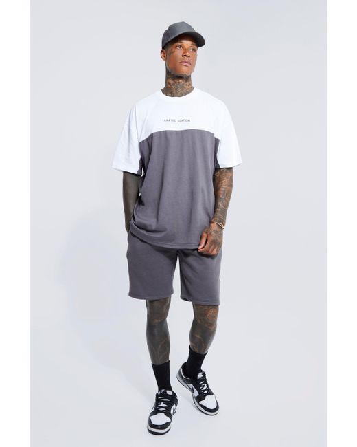Boohooman Oversized Limited Tape T Shirt And Short Set In Blue For Men