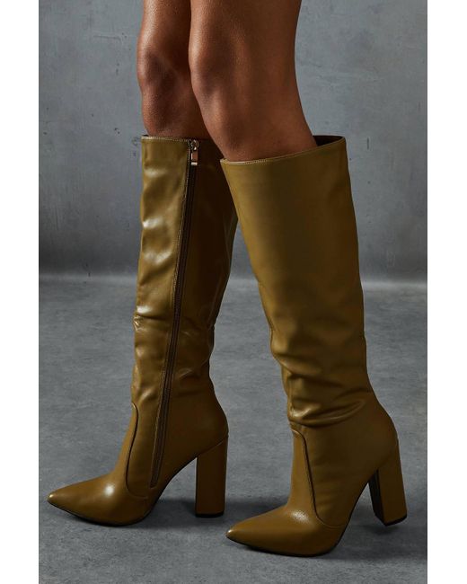 MissPap Leather Look Block Heel Pointed Boots in Brown | Lyst