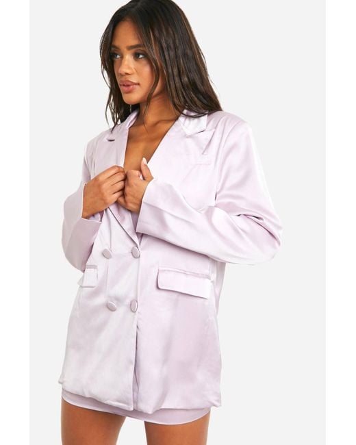 Boohoo Satin Longline Blazer in White | Lyst