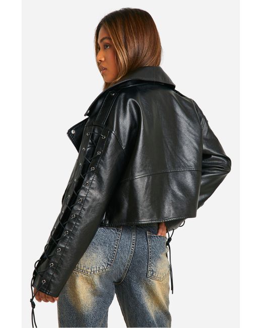 Boohoo Petite Lace Up Detail Oversized Faux Leather Biker Jacket in ...