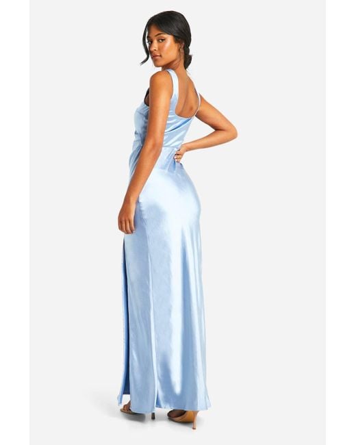 Boohoo Tall Bridesmaid Satin Square Neck Maxi Dress in Blue | Lyst