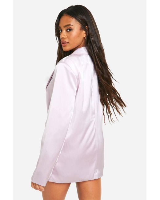Boohoo Satin Longline Blazer in White | Lyst