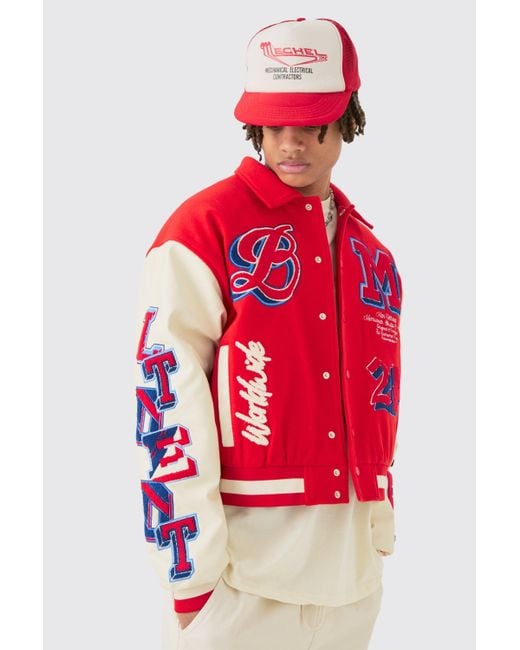 BoohooMAN Boxy Bm Badge Collared Varsity Jacket In Red for Men | Lyst