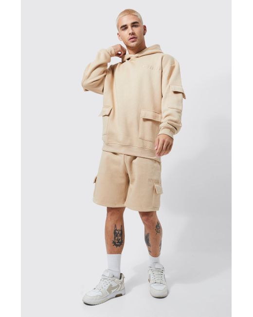 Boohooman Oversized Official Cargo Hooded Short Tracksuit In Natural