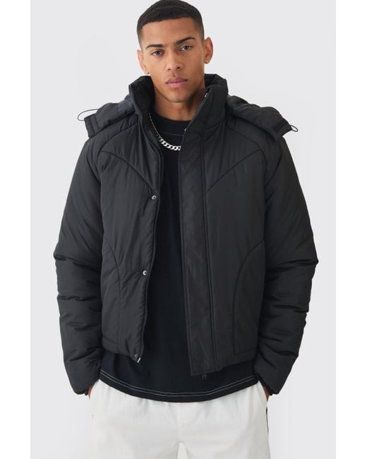 Boohoo Boxy Quilted Hooded Puffer Coat In Black | Lyst