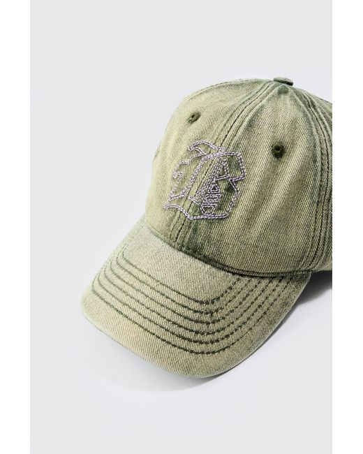 BoohooMAN B Embroidered Washed Denim Cap In Green for Men | Lyst UK