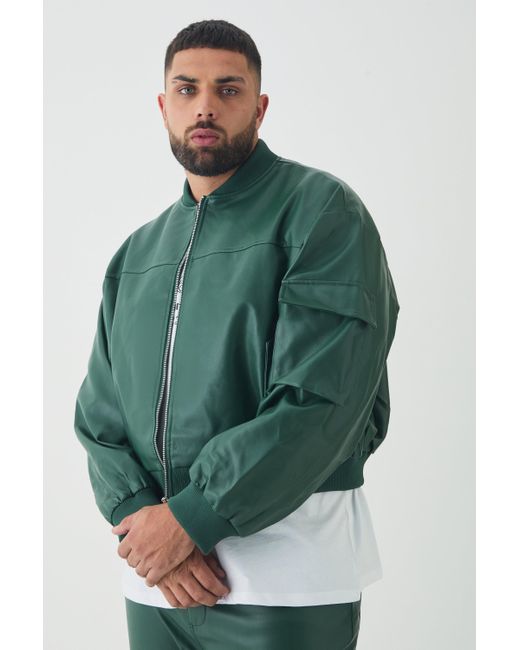 BoohooMAN Plus Pu Boxy Oversized Cargo Bomber Jacket in Green for Men ...