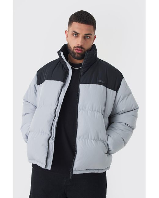 BoohooMAN Plus Colour Block Concealed Hood Puffer Jacket in Black for ...