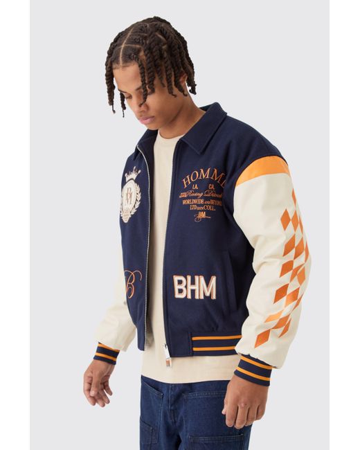 BoohooMAN Boxy Bhm Badge Varsity Bomber Jacket in Blue for Men | Lyst