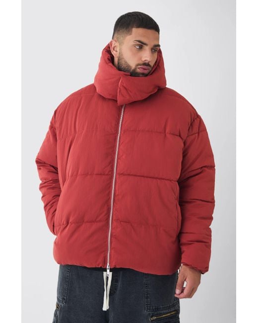 BoohooMAN Plus Extended Funnel Neck Hooded Puffer Jacket In Rust in Red ...