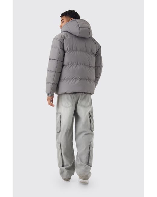 BoohooMAN Official Embossed Hooded Puffer Coat In Charcoal in Gray for ...