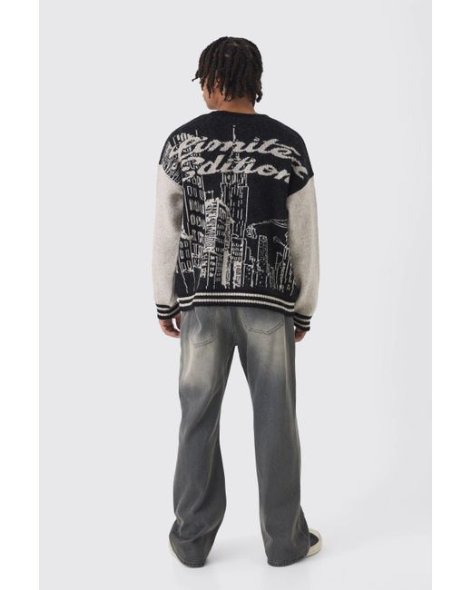 BoohooMAN Oversized Boxy Brushed City Scape Jacquard Knitted Cardigan ...