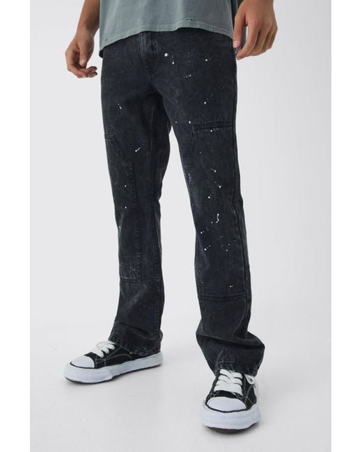 BoohooMAN Slim Rigid Flare Acid Wash Carpenter Paint Splatter Denim ...