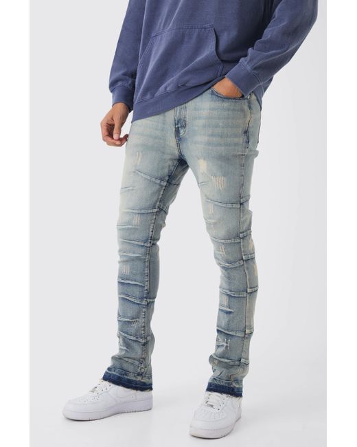 BoohooMAN Skinny Flare Bleach Wash Jeans With Dart Details in Blue for ...