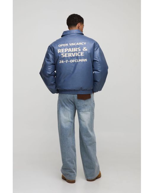 BoohooMAN Oversized Fit Badge Applique Collared Bomber Jacket in Blue ...