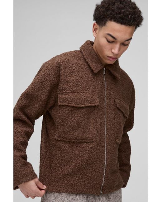 Boohoo Boxy Boucle Borg Trucker Jacket in Brown | Lyst